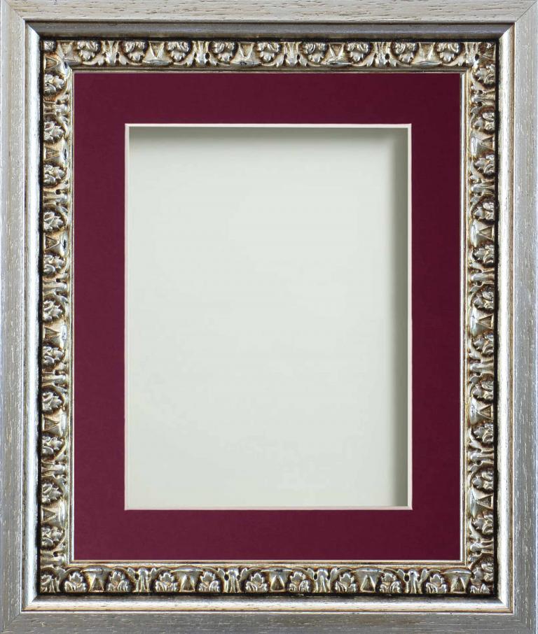Mancini Silver 10x10 frame with Plum mount cut for image size 5x5